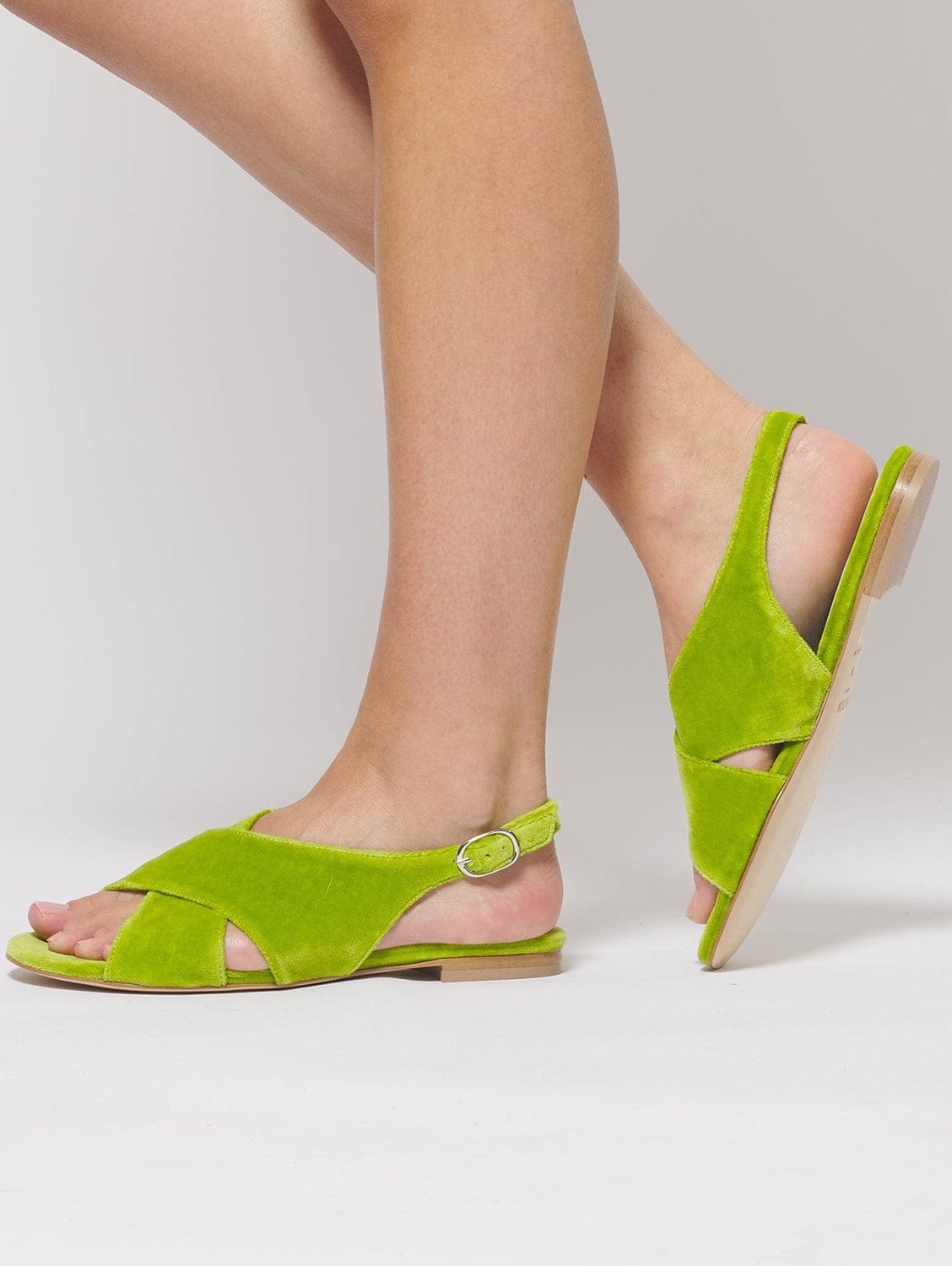 Cotton Velvet Vegan Crossover Slingback Sandals | Acido Green ...